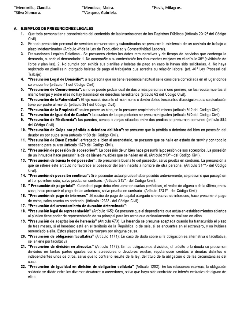 Ejemplos de Presunciones Legales | PDF | Posesión (Ley) | Instituciones ...