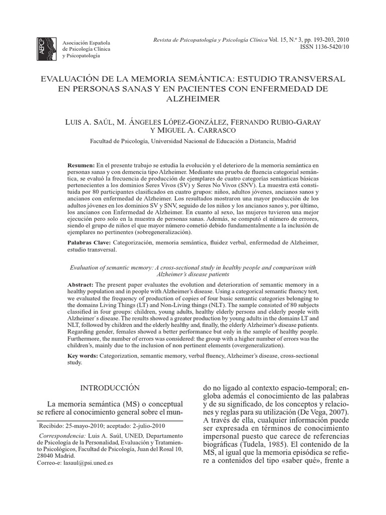 Evaluación de La Memoria Semántica (Artículo) - SAÚL, L. LOPEZ-GONZALEZ, M. RUBIO-GARAY, F ...