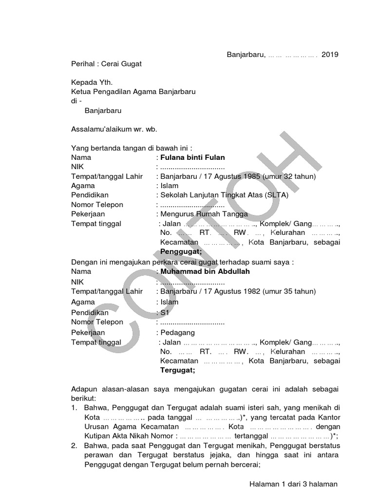 Contoh Surat Gugatan Cerai Gugat | PDF