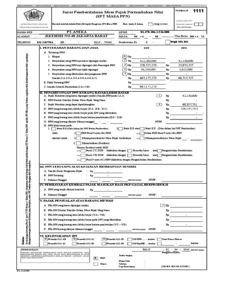 Panduan Formulir SPT PPN 1111 | PDF