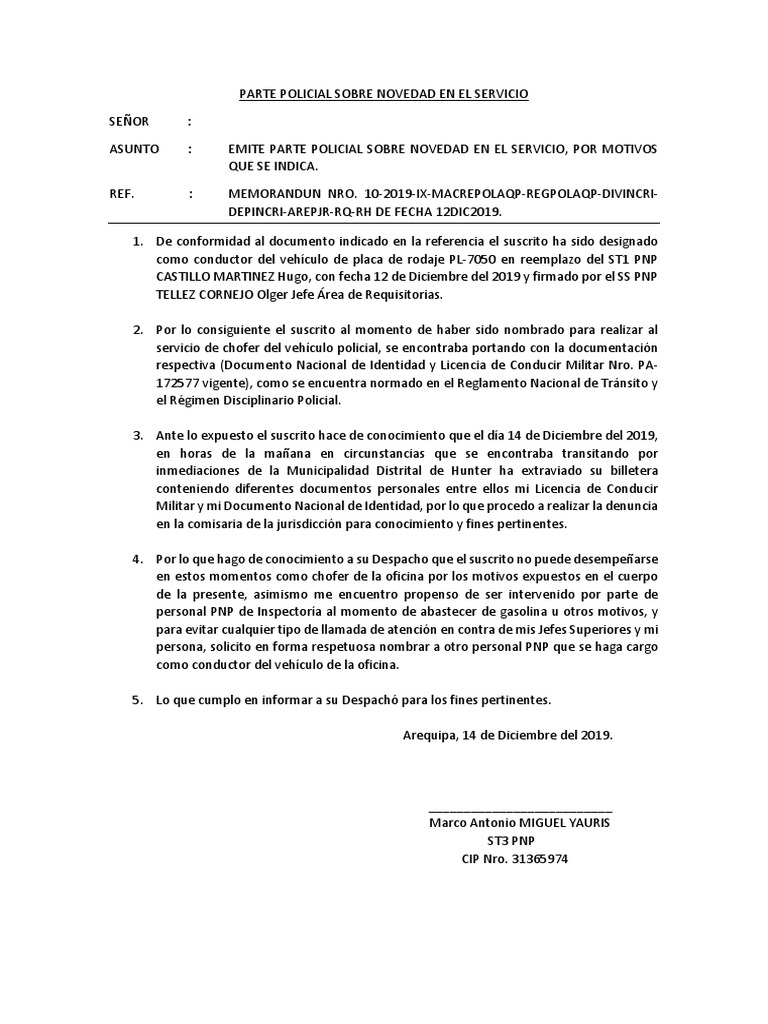 Parte Policial Sobre Novedad en El Servicio | PDF | Gobierno | Violencia