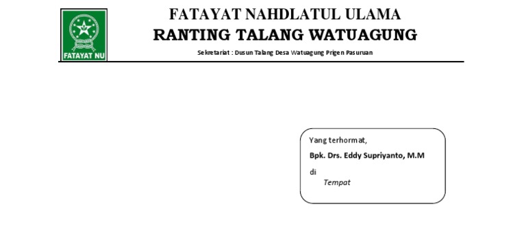 Kop Surat Fatayat NU Ranting Talang Watuagung | PDF
