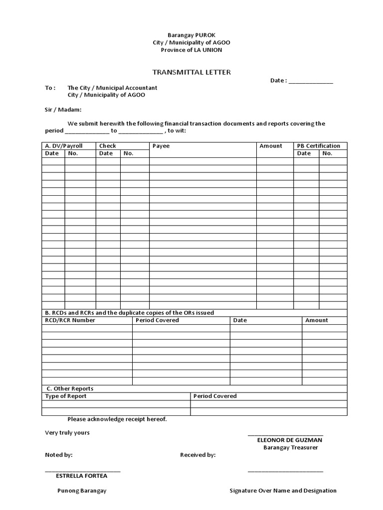 Transmittal 2019 Purok | PDF | Financial Services | Banking