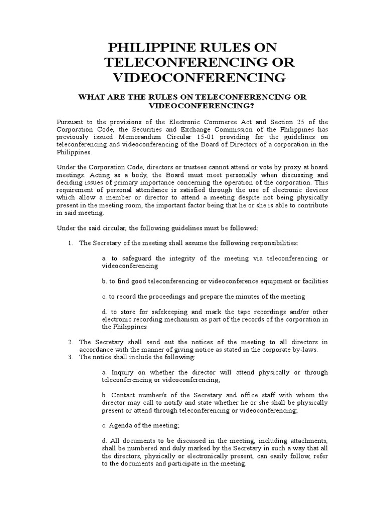 Philippine Rules On Teleconferencing or Videoconferencing | PDF | Board ...