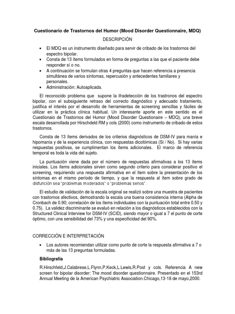 MDQ Test Completo | PDF | Manual Diagnóstico y Estadístico de los ...
