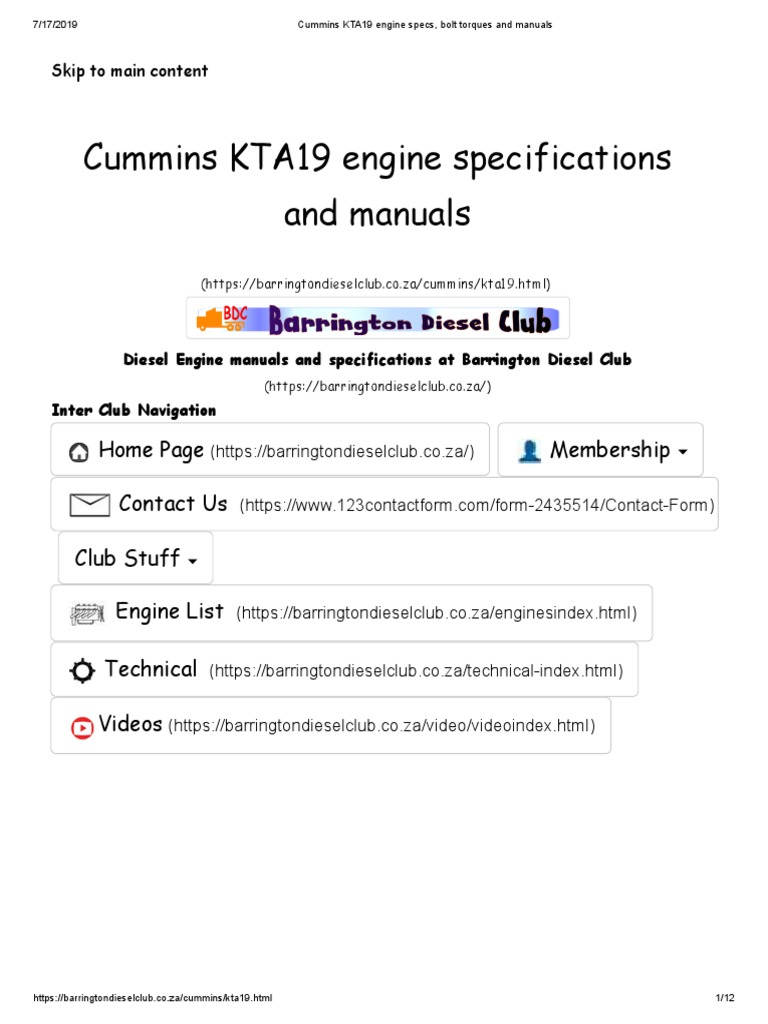 Cummins KTA19 Engine Specs, Bolt Torques and Manuals | PDF | Cummins ...