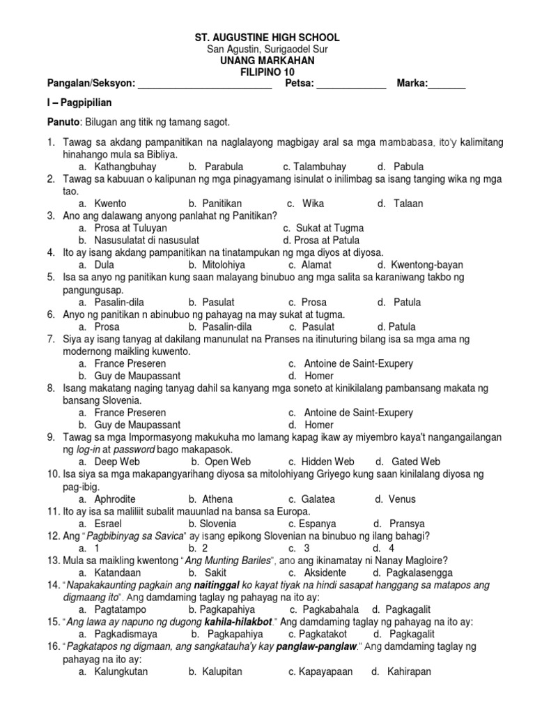 1st Grading Exam Sa Filipino | PDF