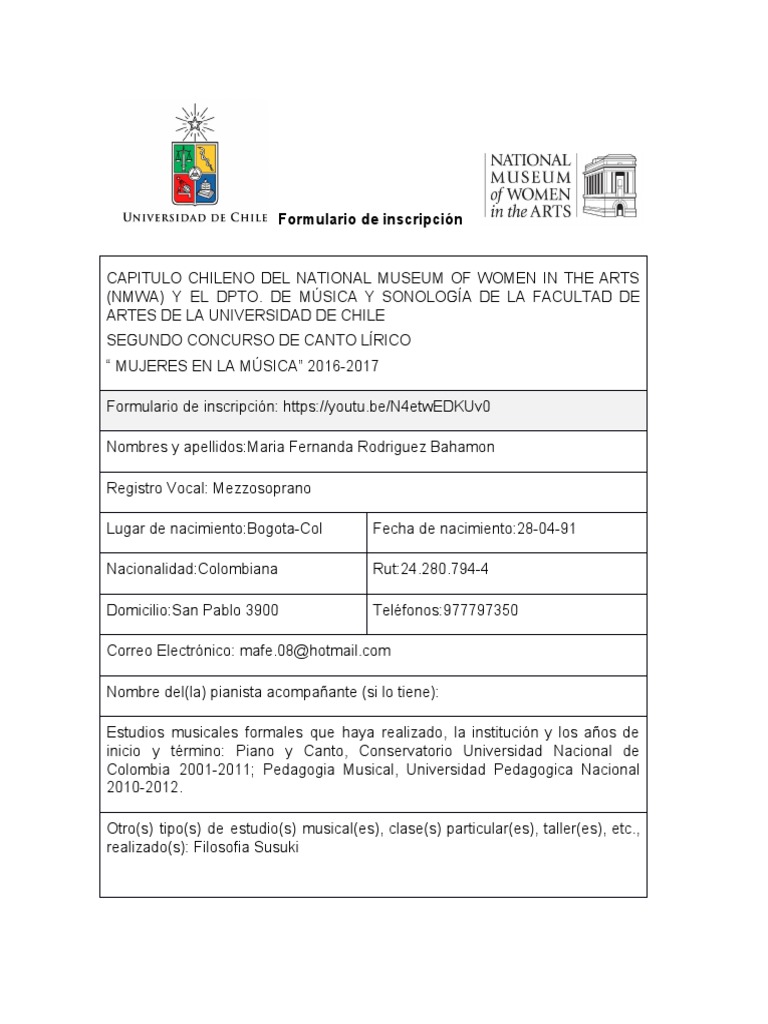 Inscripción de María Fernanda Rodríguez Bahamon al Segundo Concurso de ...