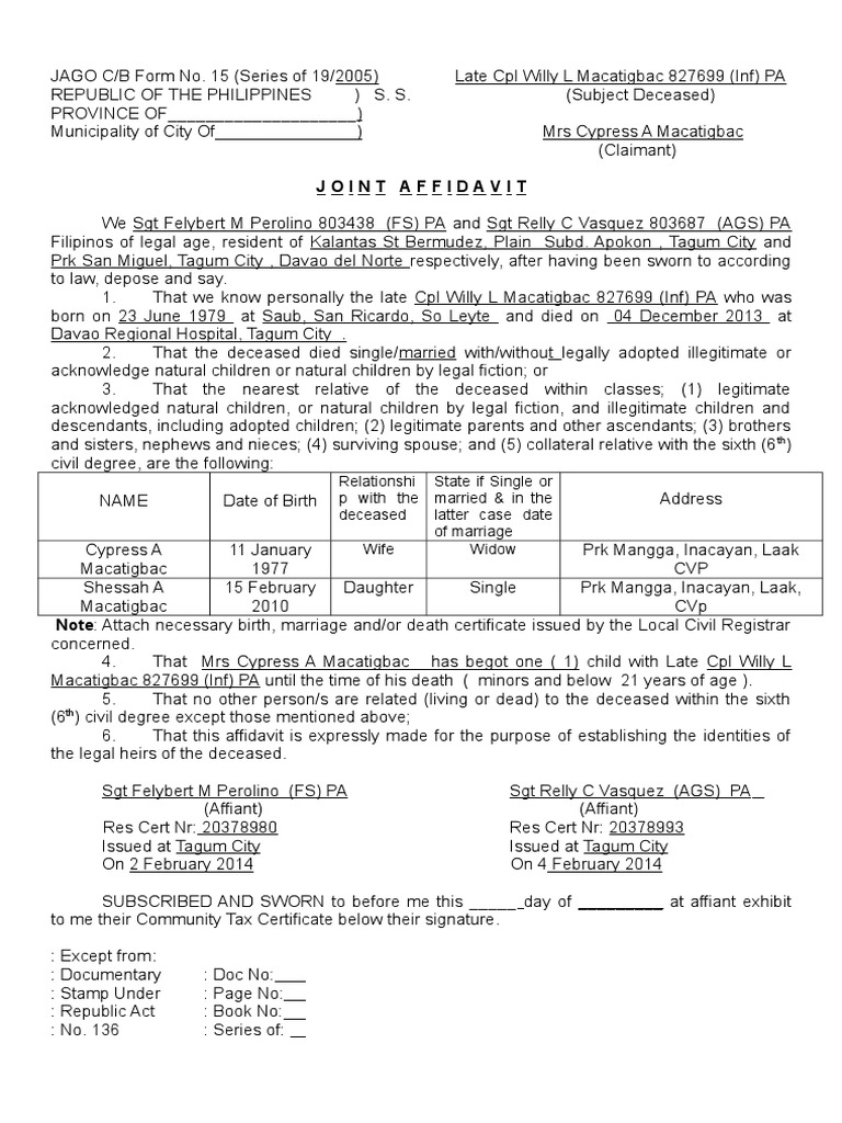 Jago CB Form 15 MRS Macatigbac | PDF | Legitimacy (Family Law) | Affidavit