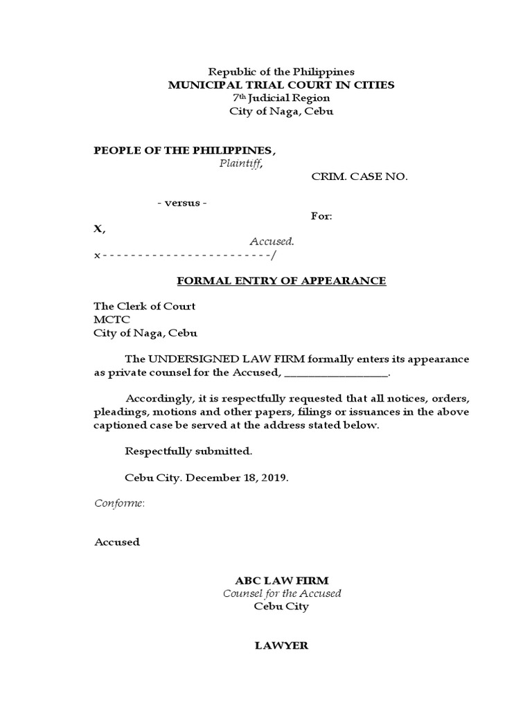 Sample Formal Entry of Appearance - People v. X | PDF