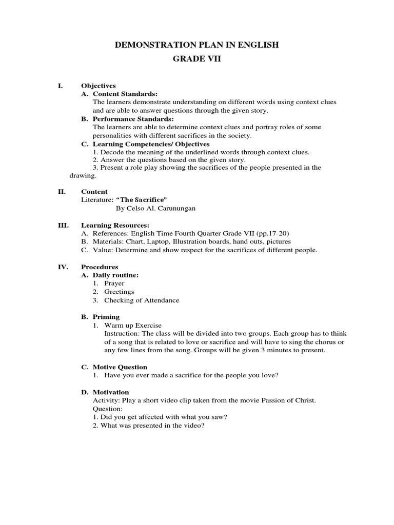 DEMONSTRATION PLAN IN ENGLISH (Semi) | PDF | English Language | Learning