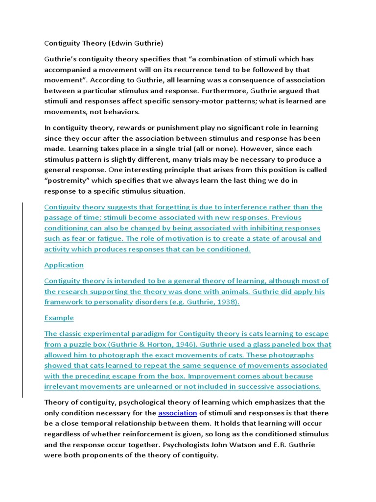 Contiguity Theory | PDF | Classical Conditioning | Behaviorism