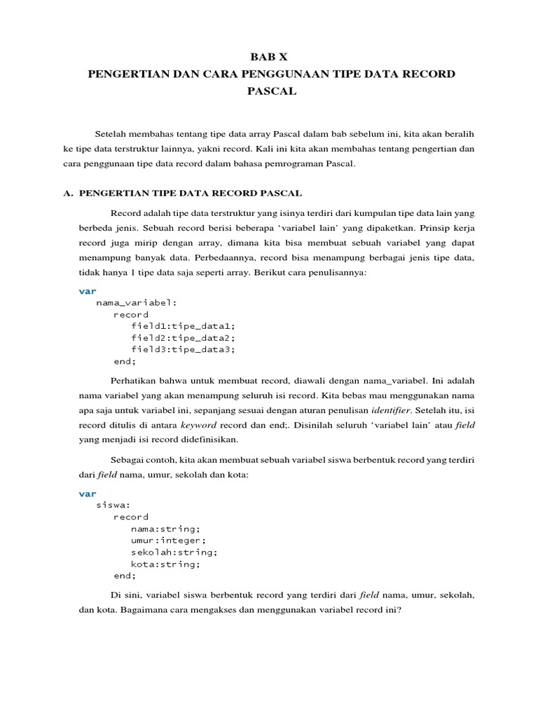 (PD) BAB X - Pengertian Dan Cara Penggunaan Tipe Data Record Pascal | PDF
