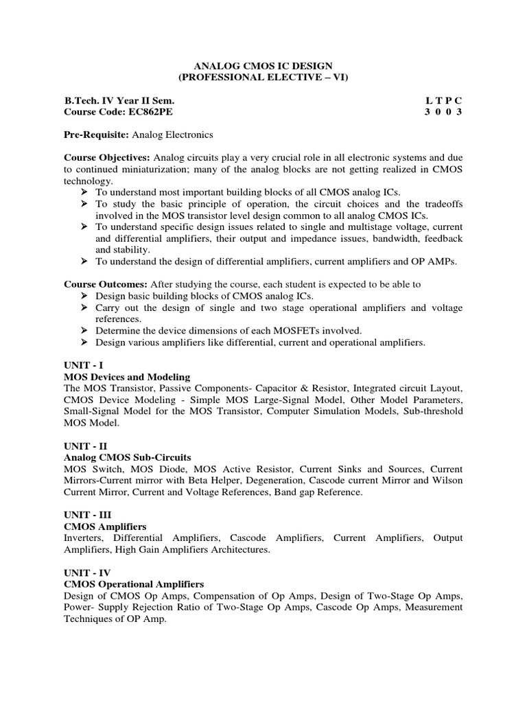 Analog Cmos Ic Design Syllabus | PDF | Mosfet | Amplifier