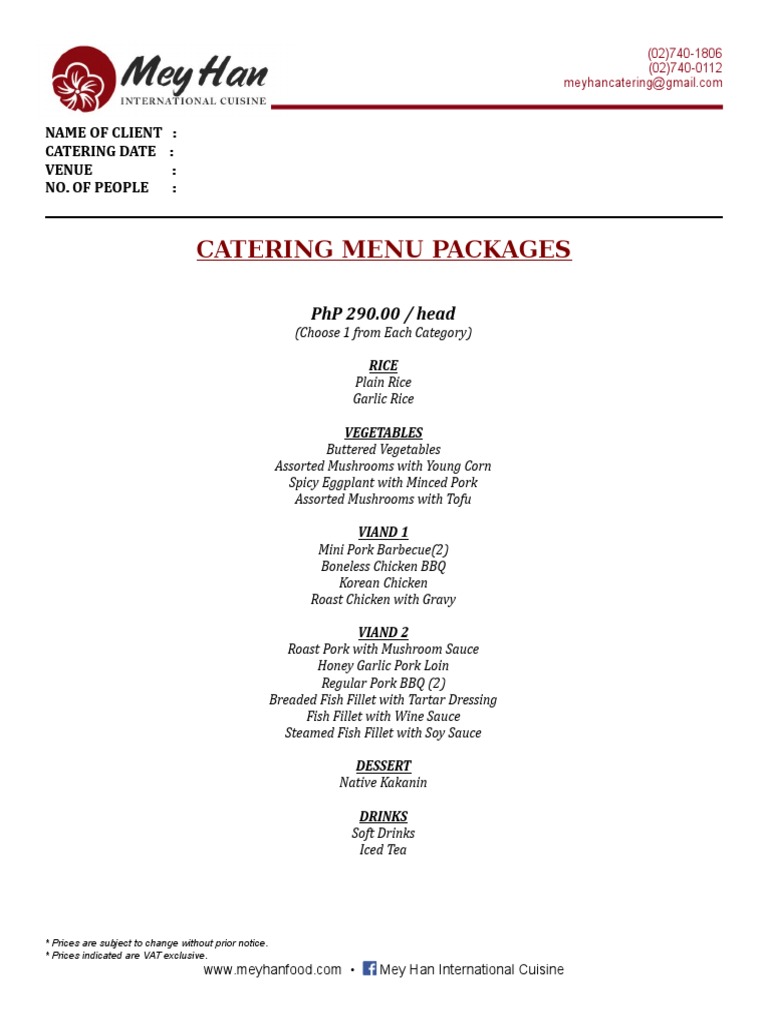 Mey Han Catering Menu Packages 2019 | PDF | Salad | Sauce