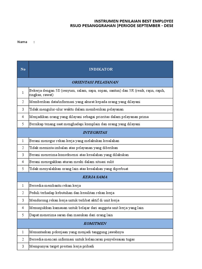 Instrumen Penilaian Best Employee Versi 2 | PDF