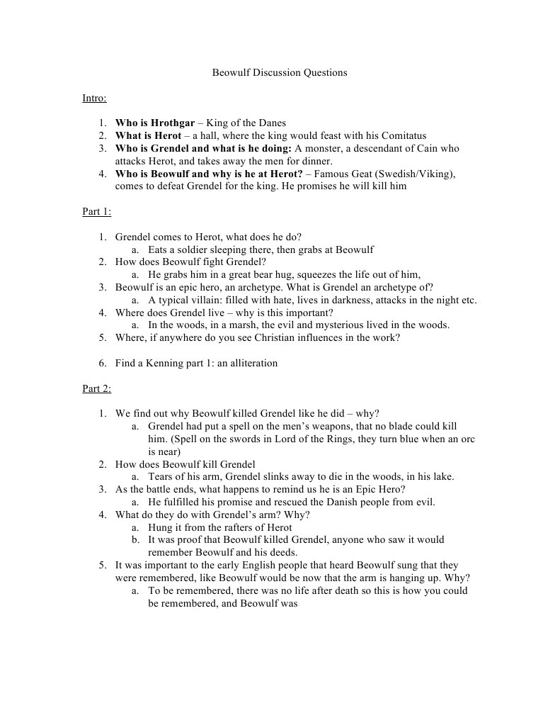 Beowulf Discussion Questions | PDF | Beowulf