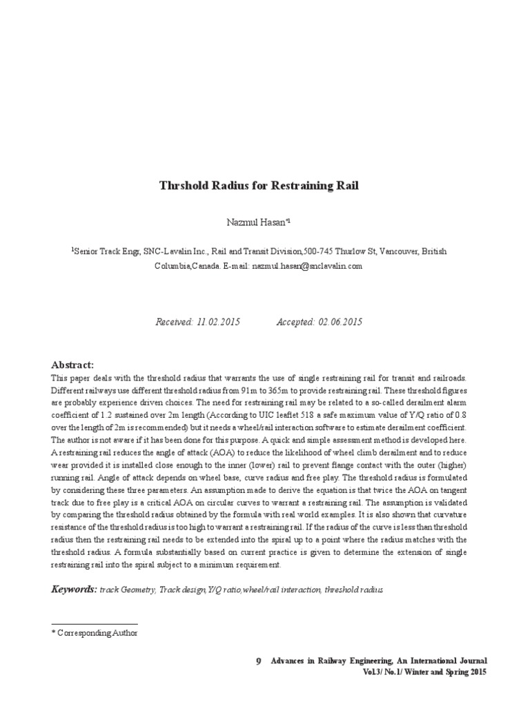 Threshold Radius for Restraining Rail | PDF | Rail Transport | Steering