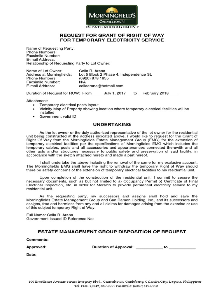 Request for Temporary Electricity Service and Grant of Right of Way for ...