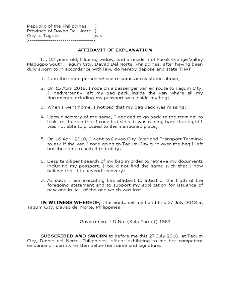 Affidavit of Explanation for Lost Passport | PDF