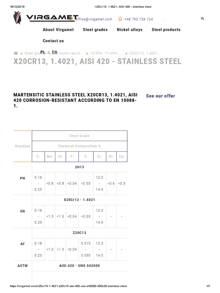 X20Cr13, 1.4021, AISI 420 - Stainless Steel PDF | PDF | Stainless Steel ...