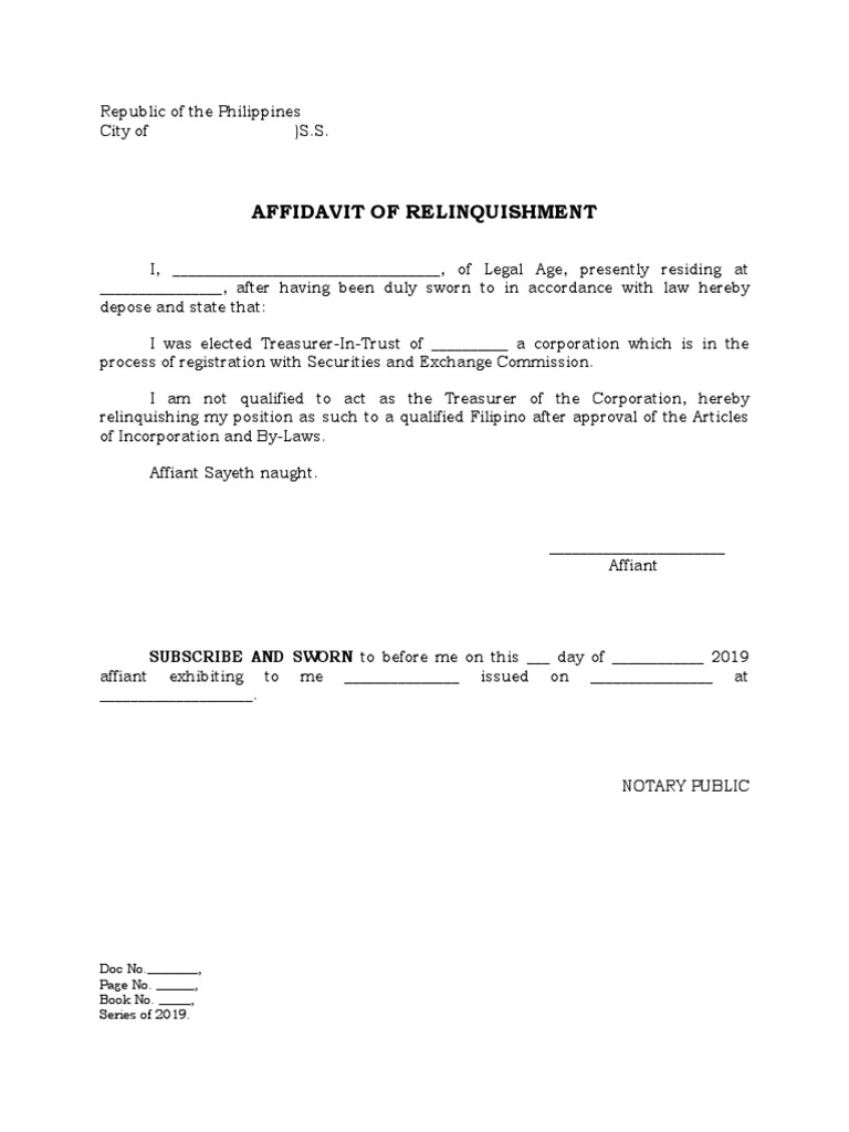 Affidavit of Relinquishment of Treasurer Role | PDF