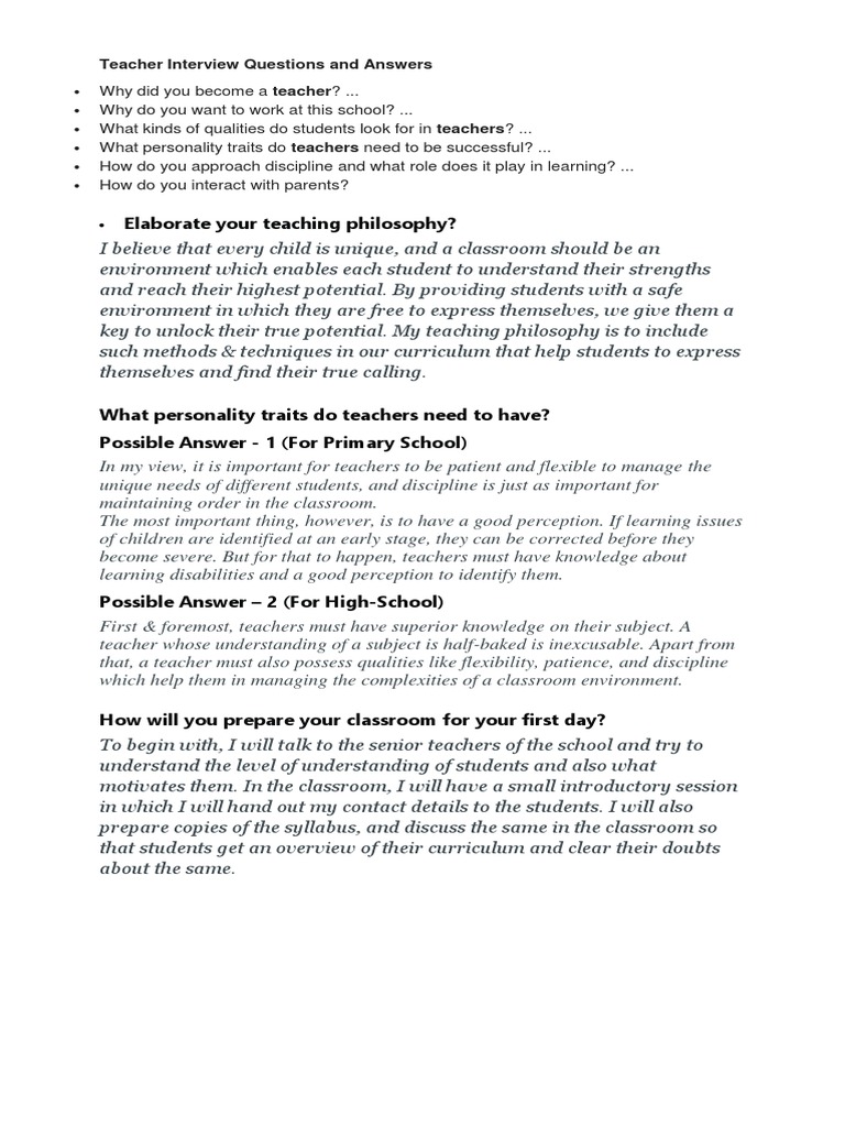 Teacher Interview Questions and Answers | PDF | Lesson Plan | Teachers