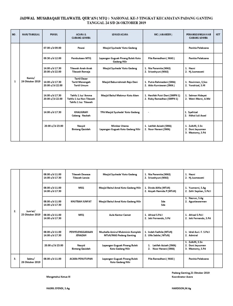 Jadwal Kegiatan Lomba MTQ | PDF