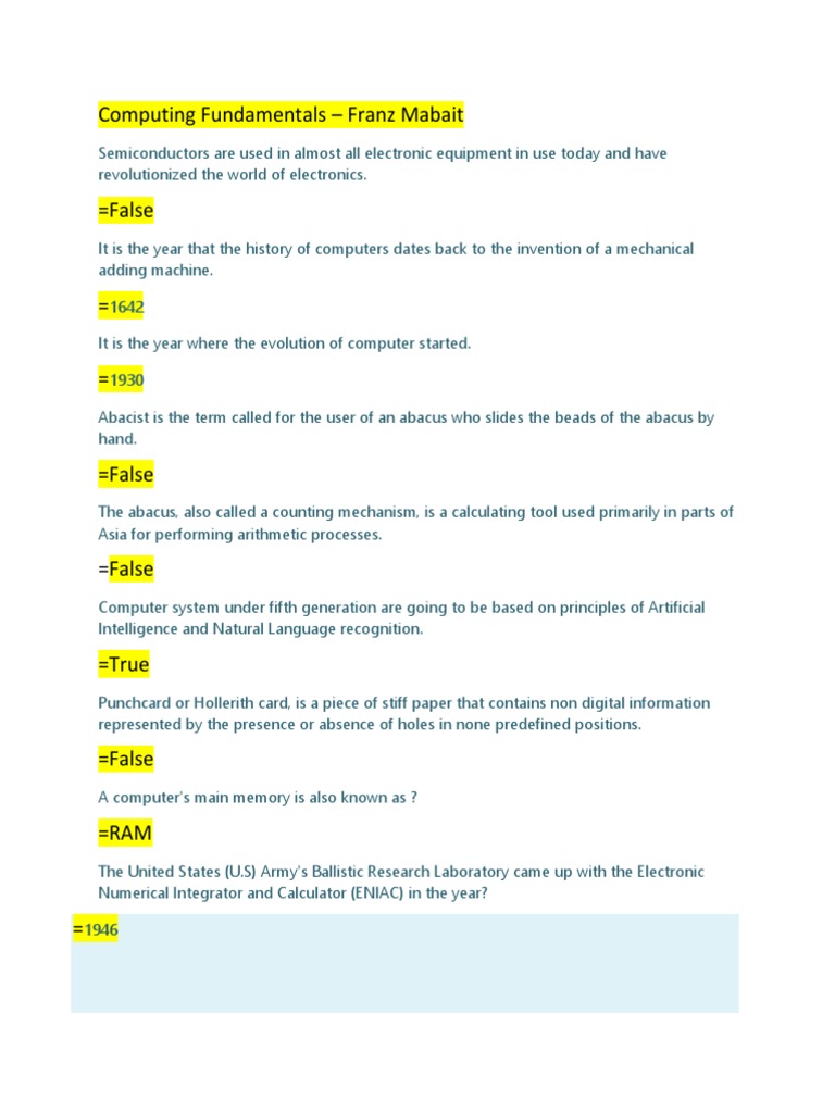 Computing Fundamentals QUIZ1-FINALS | PDF | Spreadsheet | Html