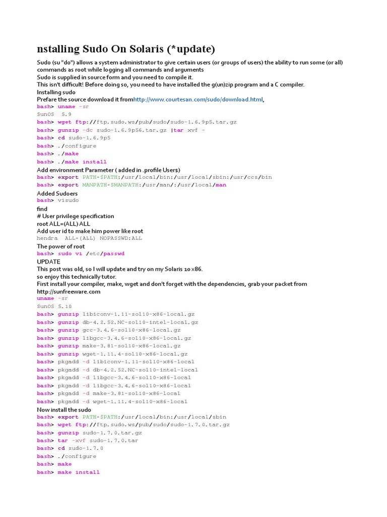 Nstalling Sudo On Solaris ( Update) : Path $path Manpath $manpath | PDF | Sudo | Login
