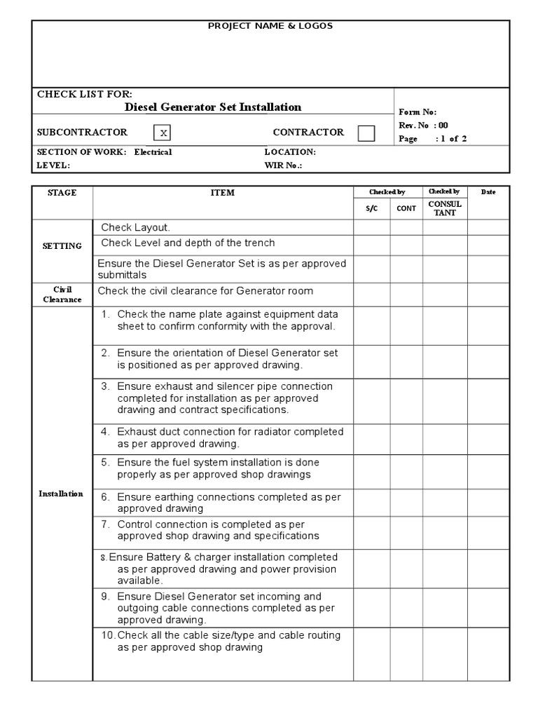 Diesel Generator Installation Checklist | PDF | Diesel Engine ...