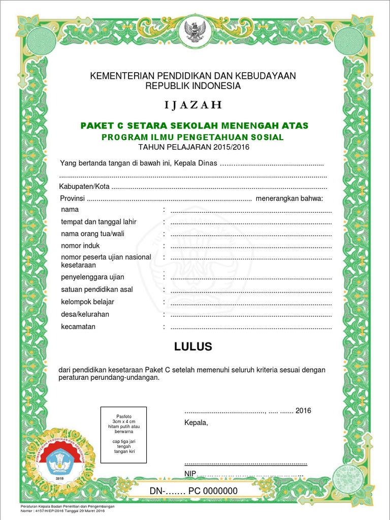 Format Ijazah Paket C IPS 2016 | PDF