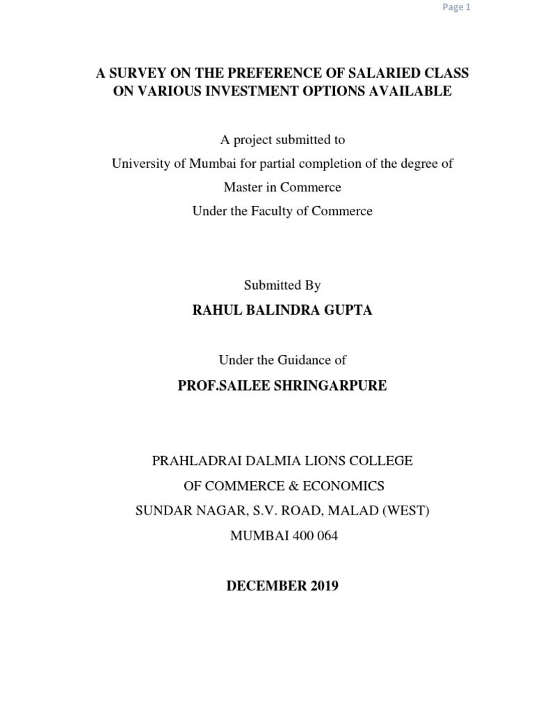 A Survey On The Preference Of Salaried Class On Various Investment