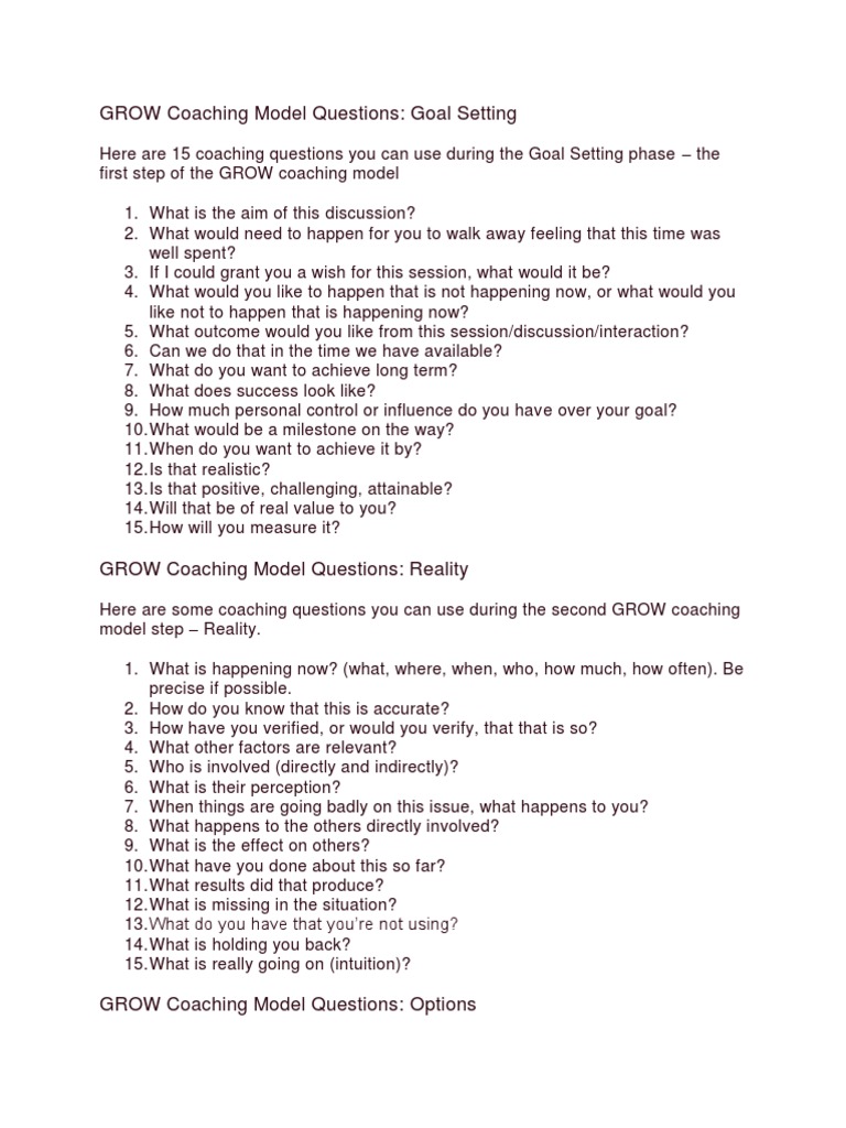 GROW Coaching Model Questions | PDF | Goal | Goal Setting