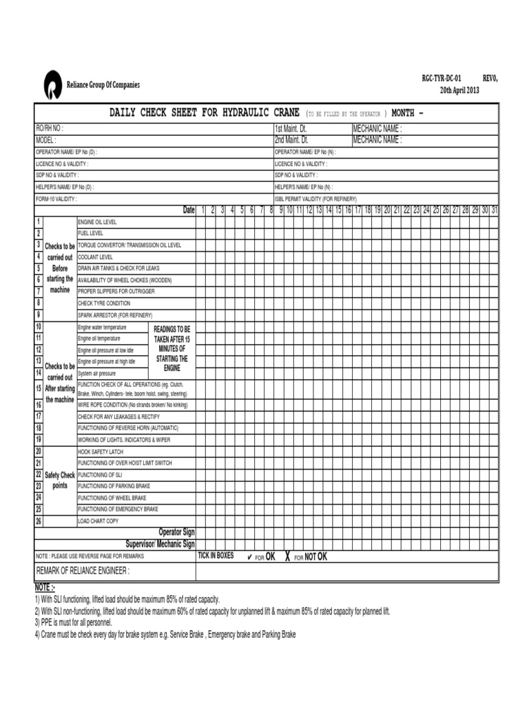 Daily Hydraulic Crane Inspection Checklist | PDF | Crane (Machine ...