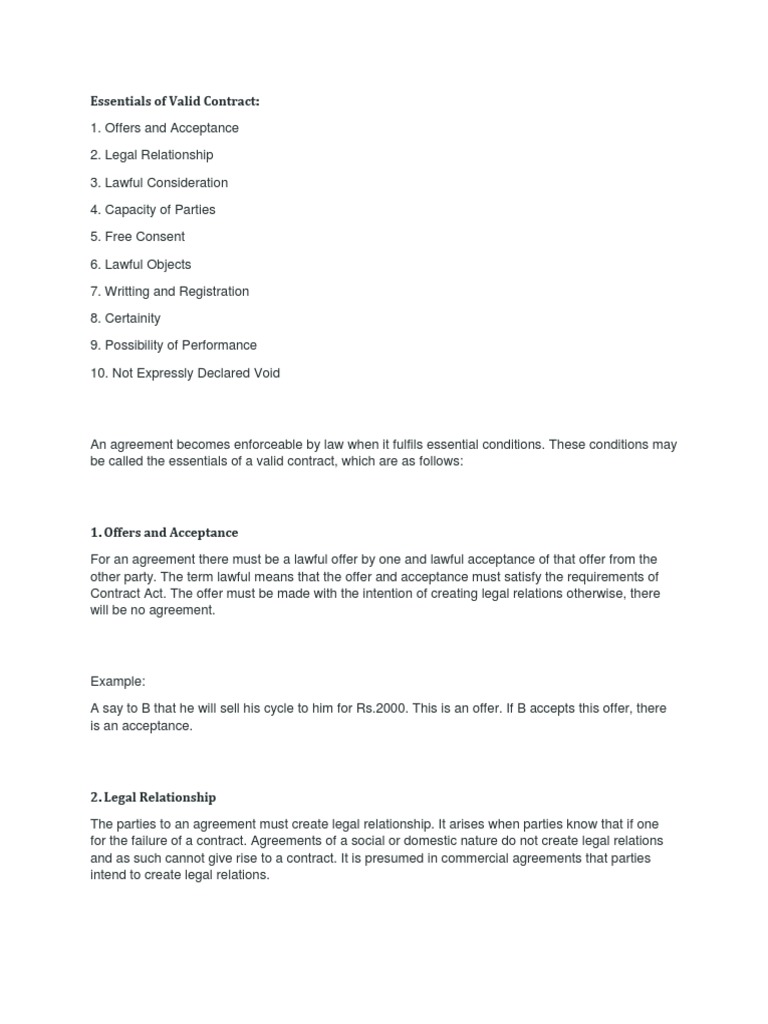 Essential of Valid Contract | PDF | Offer And Acceptance | Consideration