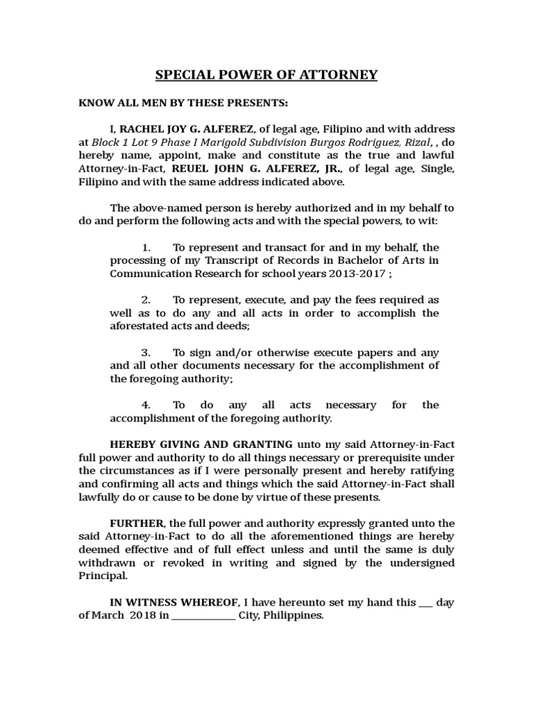 Special Power of Attorney Sample | PDF | Power Of Attorney ...