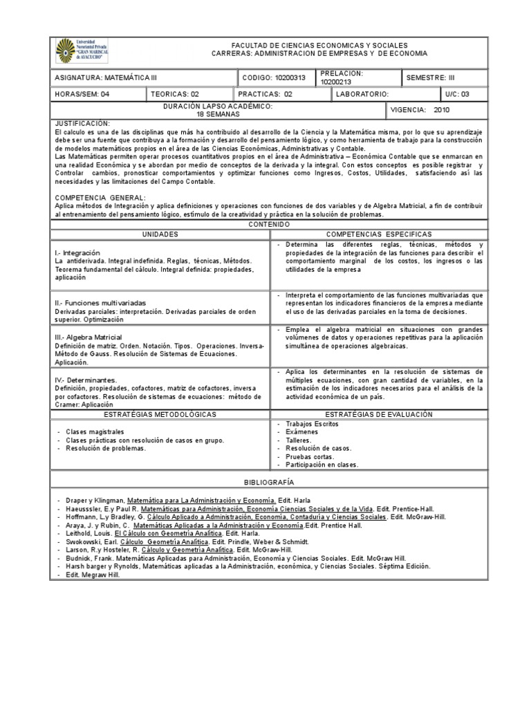 Programa de Matematica III | PDF | Integral | Determinante