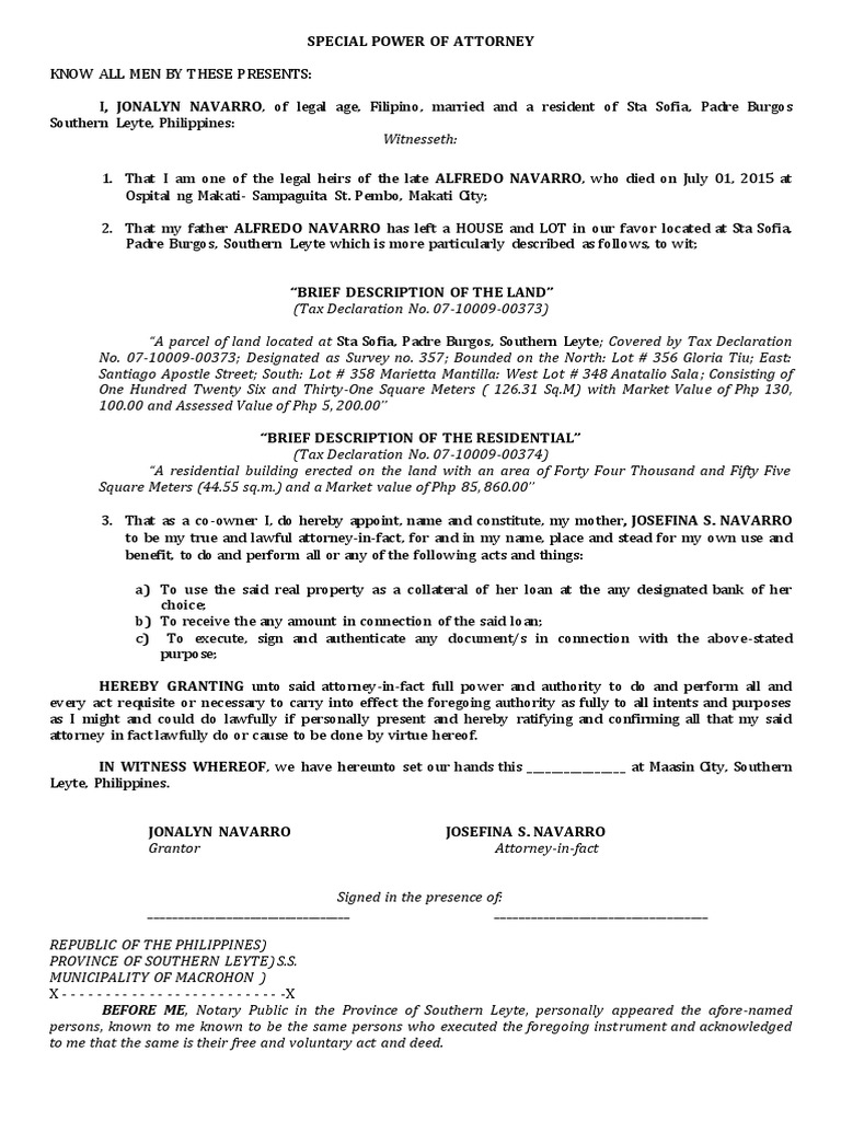 Grant of Special Power of Attorney to Use Property as Loan Collateral ...