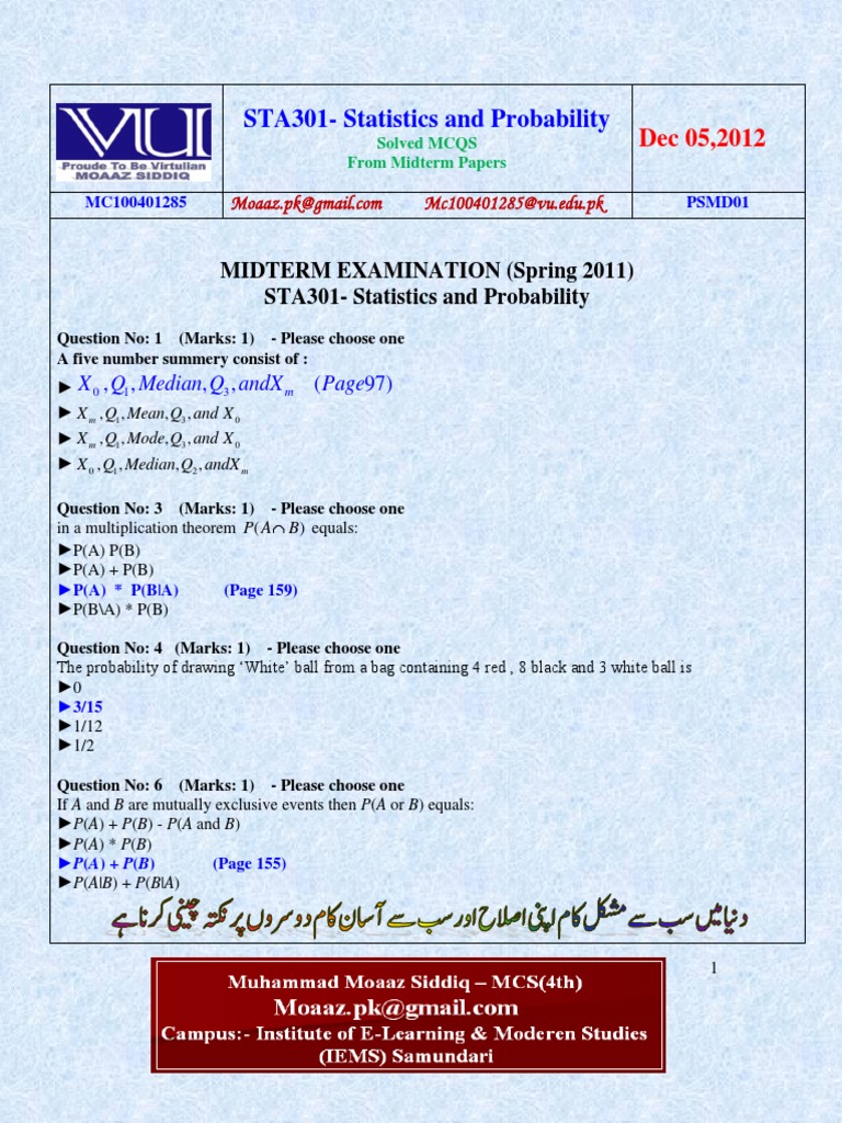 STA301 Midterm MCQs WithReferencesbyMoaaz PDF | PDF | Arithmetic Mean | Histogram
