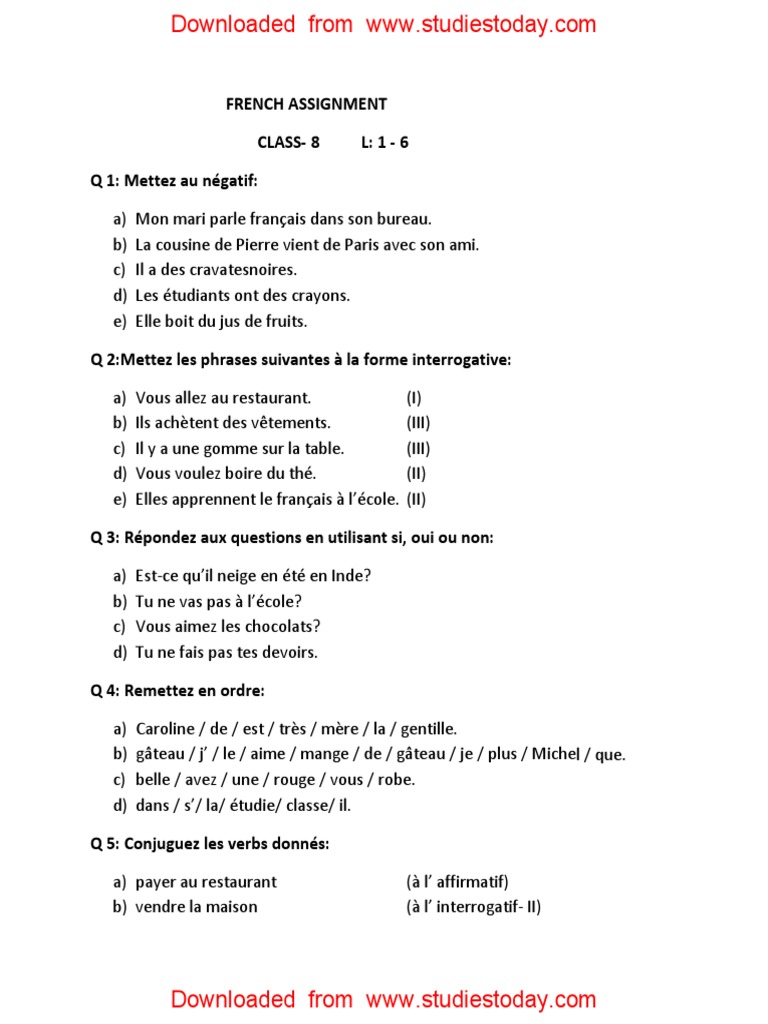 CBSE Class 8 French Worksheet | PDF