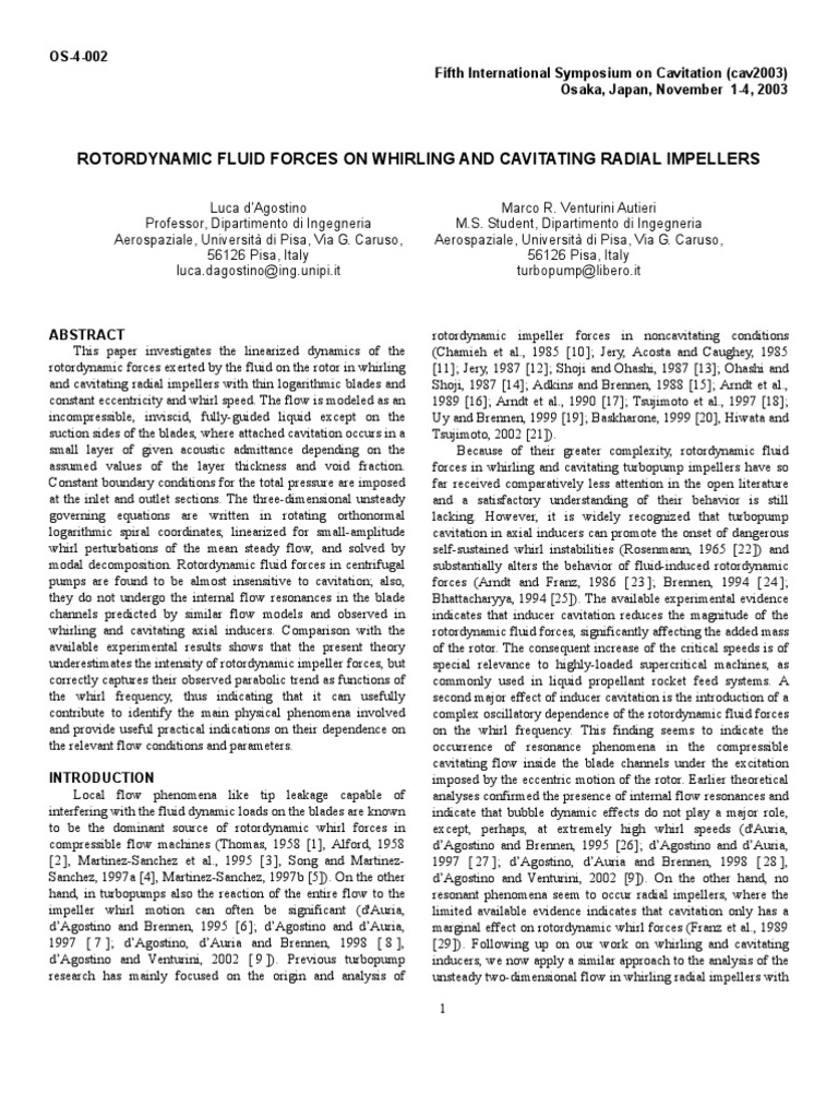Rotordynamic Fluid Forces On Whirling and Cavitating Radial Impellers ...