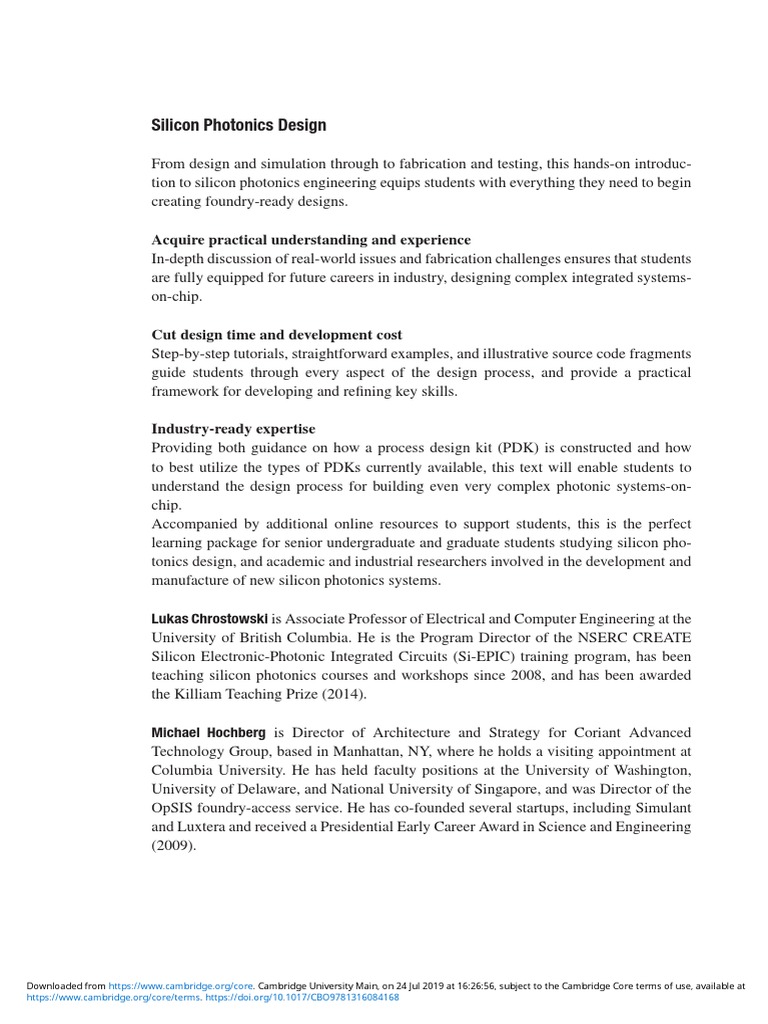 Silicon Photonics Design - From Devices To Systems PDF | PDF | Photonics | Waveguide