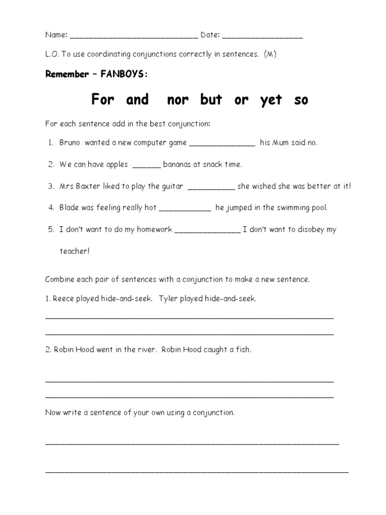 Mastering Coordinating Conjunctions: A Worksheet for Students to ...
