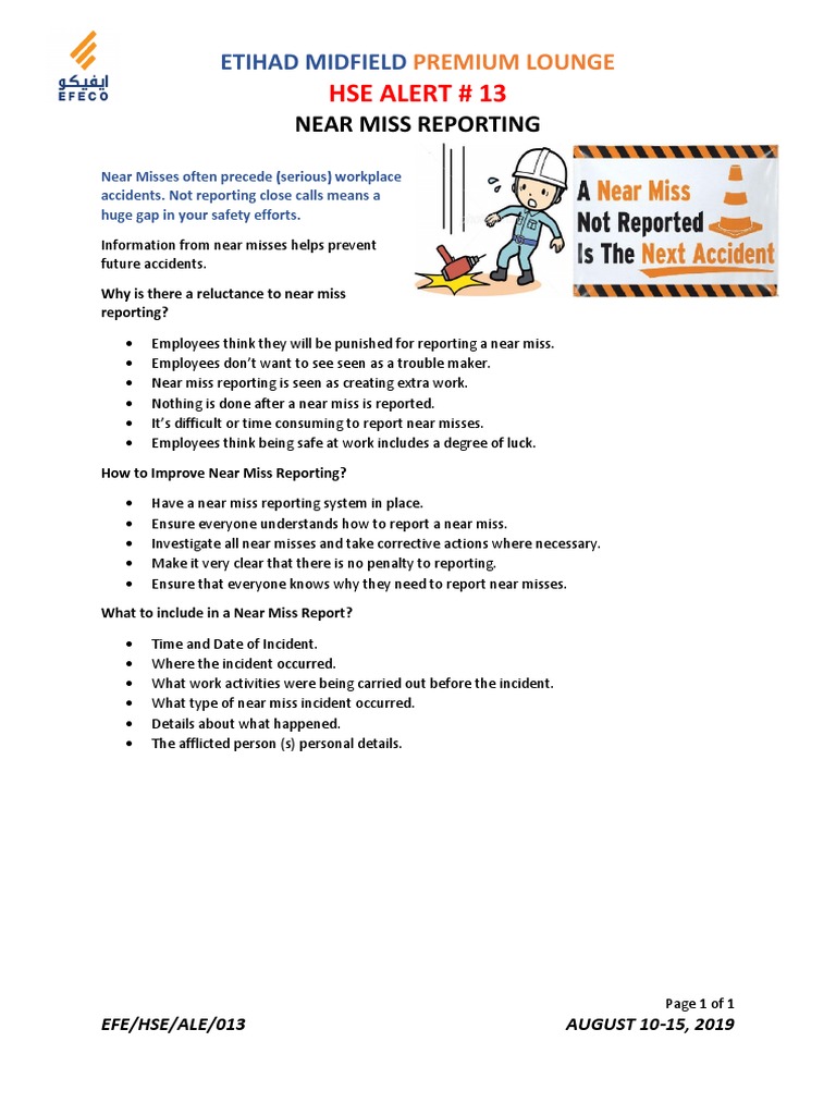 HSE ALERT NO. 13-Near Miss Reporting | PDF