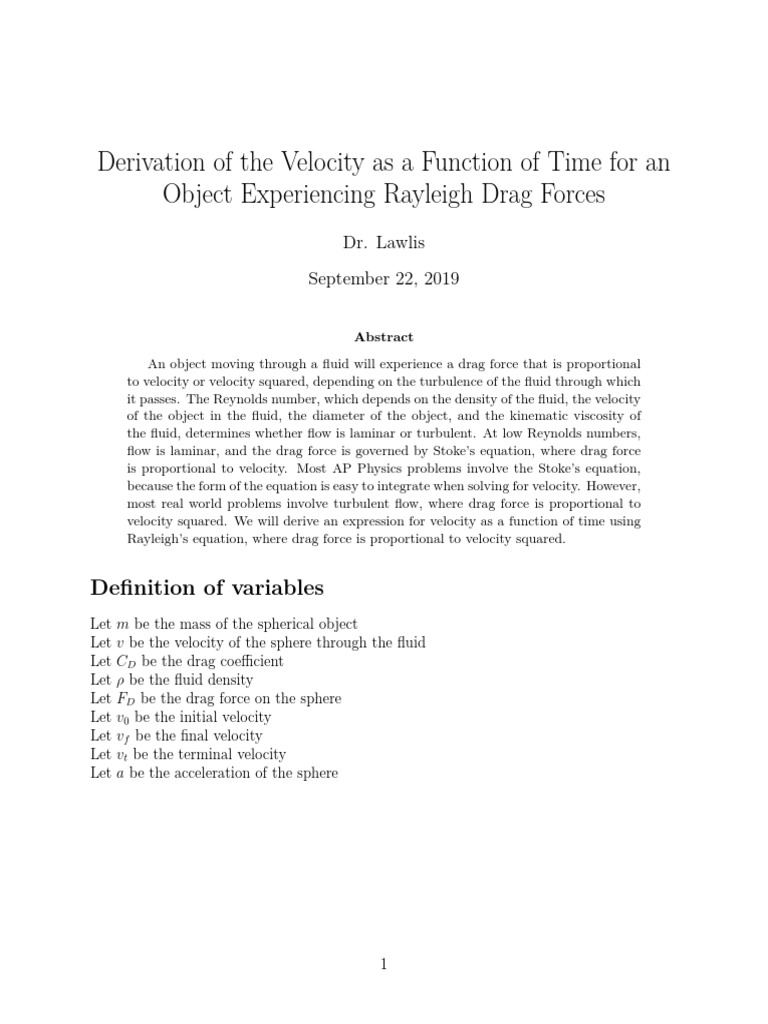 Rayleigh Drag Equation | PDF | Drag (Physics) | Fluid Dynamics
