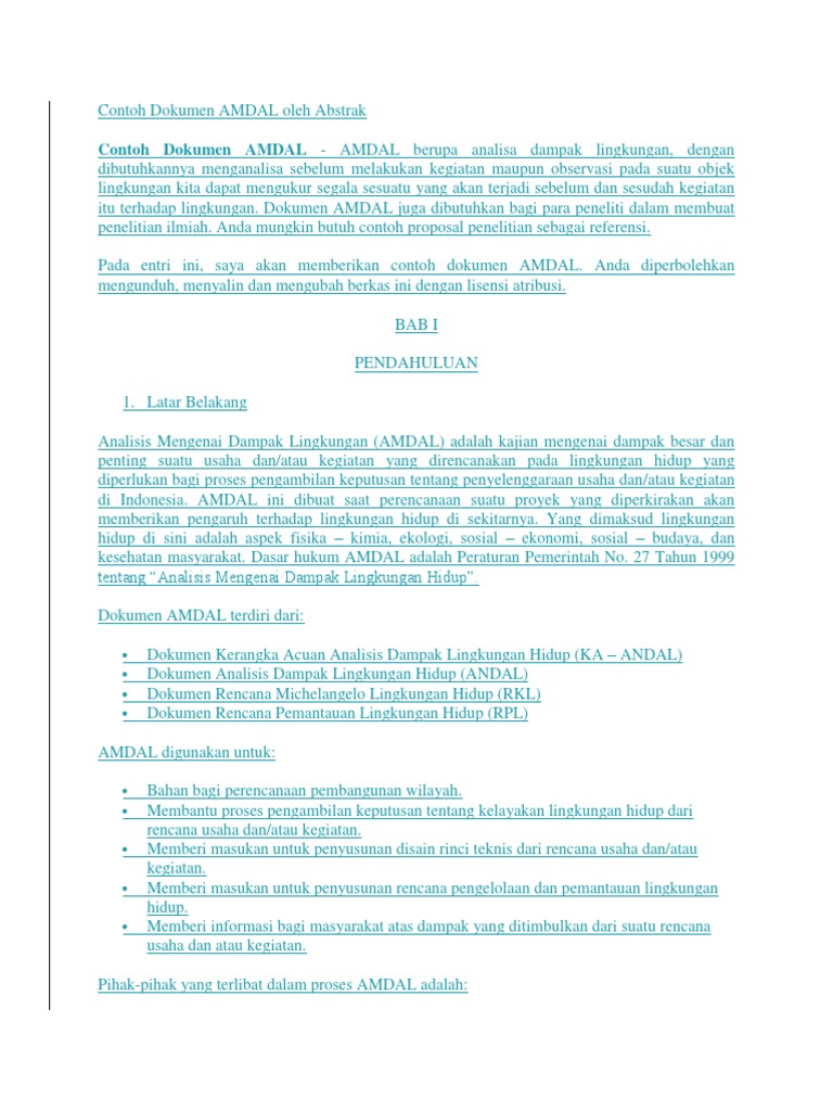 Contoh Dokumen AMDAL Oleh Abstrak Contoh | PDF