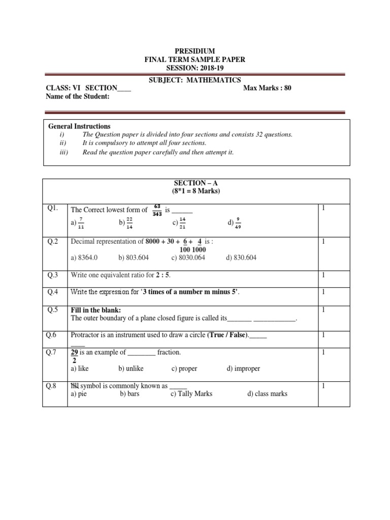 Sample Paper Grade 6 | PDF | Fraction (Mathematics) | Decimal