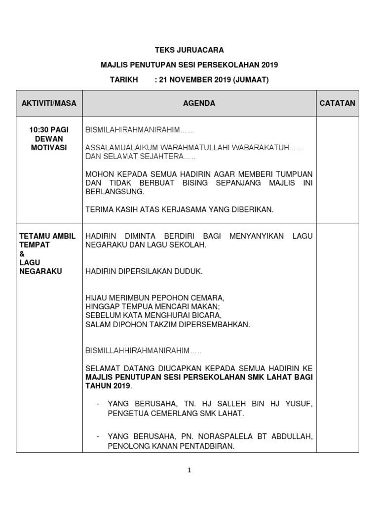 Skrip Emcee Majlis Penutupan 2019 | PDF | Kajian Bahasa Asing