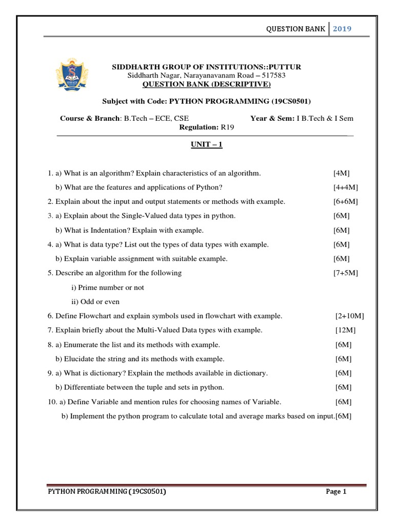 Python Question Bank Descriptive R19 Pdf Pdf Subroutine Parameter Computer Programming